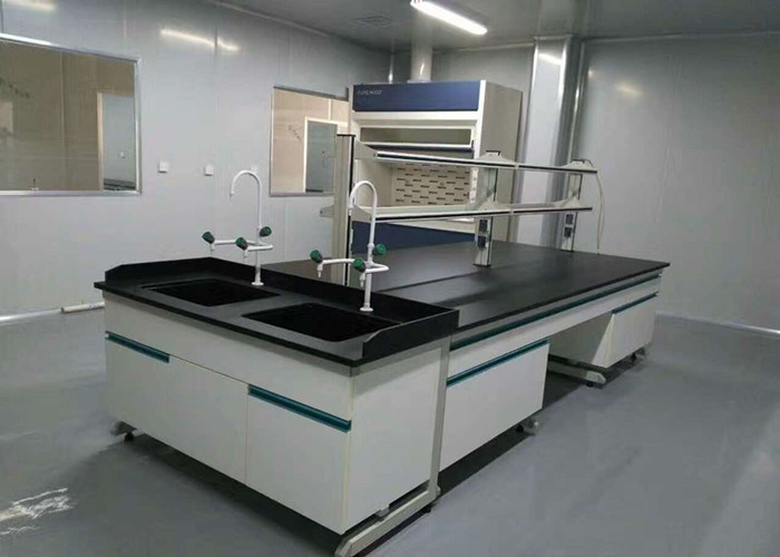 Chemical Wood Lab Furniture , Laboratory Island Bench With Reagent Shelf