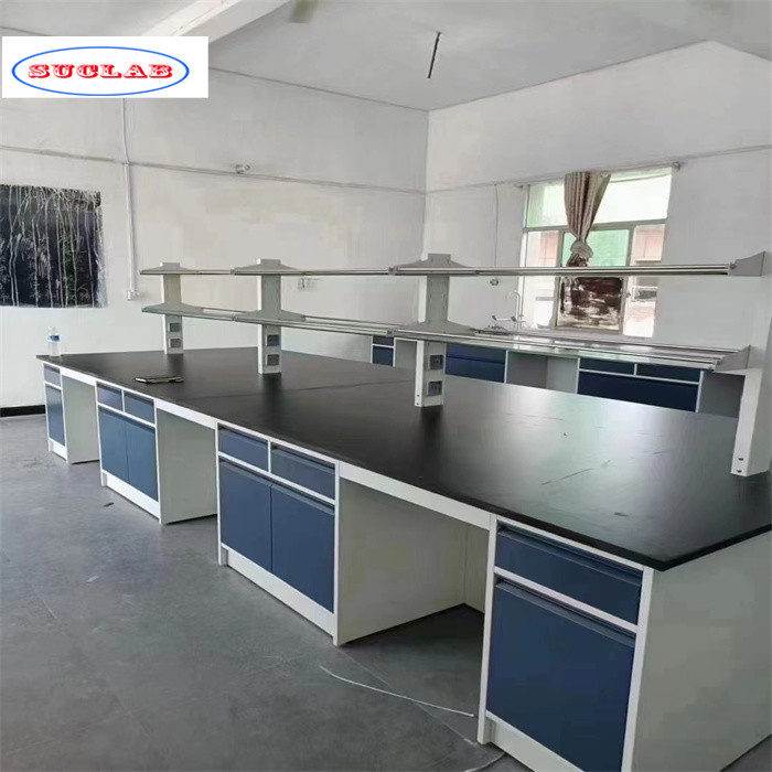 Chemistry Lab Bench with Blue Color and Number of Cupboards As Drawing